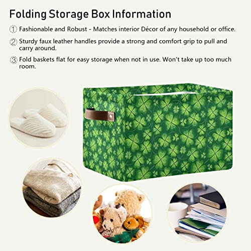 Dark Green Clover St Patrick's Day Square Storage Basket Storage Bins Canvas Storage Organizer Closet Shelf Organizer for Home Office, 1 Pc