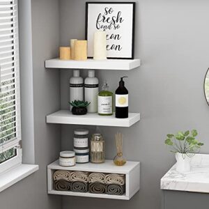 tepledge floating shelves set of 3, modern bathroom shelves over toilet with paper storage rack, wall mounted shelves for kitchen, bedroom, white