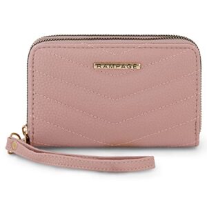 rampage women’s long midi zip around wallet clutch with wristlet strap, double zip function, blush