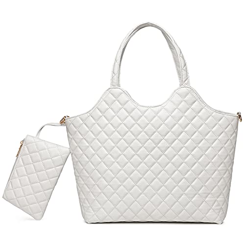 Barabum Lightweight Quilted Tote Purse Women Handbags Wallet Bag Shoulder Bag Top Handle Satchel Purse Set(White)