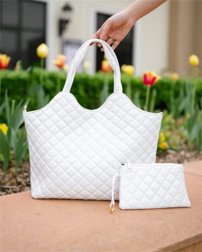 Barabum Lightweight Quilted Tote Purse Women Handbags Wallet Bag Shoulder Bag Top Handle Satchel Purse Set(White)