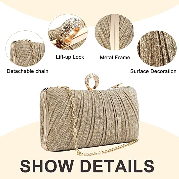 YYW Evening Handbag Women Gold Glitter Clutch Purse Pleated Wedding Clutch for Bridal Wedding Party (Gold)