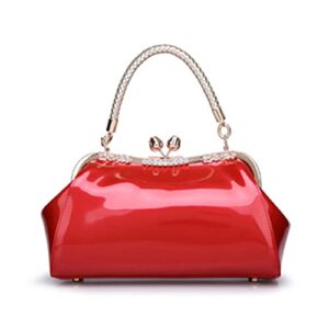 ziming shiny patent leather handbags women vintage kiss lock tote bags with metal top handle purses evening handbag satchel shoulder bag crossbody bag with long shoulder straps-red