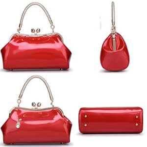 ZiMing Shiny Patent Leather Handbags Women Vintage Kiss Lock Tote Bags with Metal Top Handle Purses Evening Handbag Satchel Shoulder Bag Crossbody Bag with Long Shoulder Straps-Red