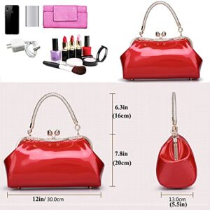 ZiMing Shiny Patent Leather Handbags Women Vintage Kiss Lock Tote Bags with Metal Top Handle Purses Evening Handbag Satchel Shoulder Bag Crossbody Bag with Long Shoulder Straps-Red