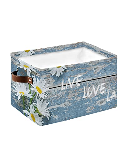 Storage Organizer Bins Set of 1 Storage Baskets for Clothes on Shelves With Handles Live Love Laugh Farm White Daisy Flower Rustic Old Wooden Blue Rectangular Fabric Laundry Baskets for Organizing