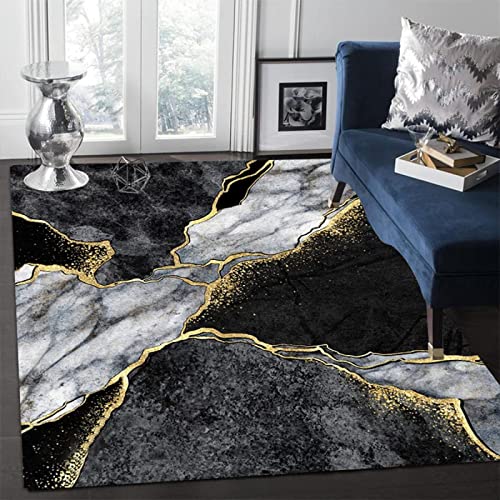 Vintage Abstract Marble Pattern Area Rugs, Black Grey Gold Carpet, Soft Thick Washable Art Deco Rug for Living Room Bedroom Under Dining Table Farmhouse Office Indoor Runners, 6x9ft