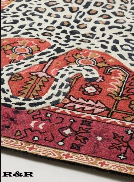 Restoration and Renovation Handmade White Leopard Rug with Blue/Red Persian Background | Animal Print Cheetah Wool Area Rug for Living Room, Bedroom and Kitchen (Red, 3x5 ft)