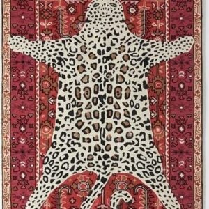 Restoration and Renovation Handmade White Leopard Rug with Blue/Red Persian Background | Animal Print Cheetah Wool Area Rug for Living Room, Bedroom and Kitchen (Red, 3x5 ft)