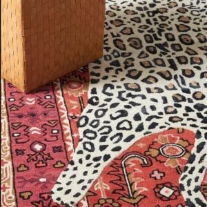 Restoration and Renovation Handmade White Leopard Rug with Blue/Red Persian Background | Animal Print Cheetah Wool Area Rug for Living Room, Bedroom and Kitchen (Red, 3x5 ft)