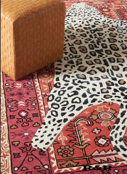 Restoration and Renovation Handmade White Leopard Rug with Blue/Red Persian Background | Animal Print Cheetah Wool Area Rug for Living Room, Bedroom and Kitchen (Red, 3x5 ft)