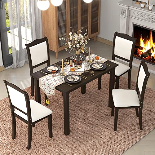 Lifeand 5-Piece Wooden, Simple Style Kitchen Dining Set Rectangular Table with Upholstered Chairs for Space (Espresso), 4