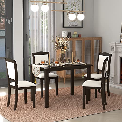 Lifeand 5-Piece Wooden, Simple Style Kitchen Dining Set Rectangular Table with Upholstered Chairs for Space (Espresso), 4