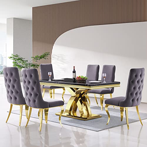 AZhome Dining Room Set, Dining Table Set for 6, Grey Velvet Upholstered Dining Chairs with Gold Stainless Steel Legs, Modern Metal Dining Table in Black Gold