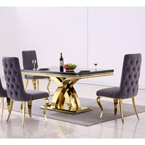 AZhome Dining Room Set, Dining Table Set for 6, Grey Velvet Upholstered Dining Chairs with Gold Stainless Steel Legs, Modern Metal Dining Table in Black Gold