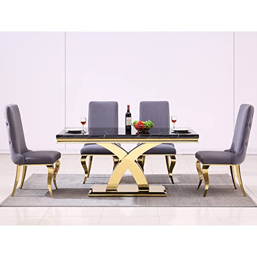 AZhome Dining Room Set, Dining Table Set for 6, Grey Velvet Upholstered Dining Chairs with Gold Stainless Steel Legs, Modern Metal Dining Table in Black Gold