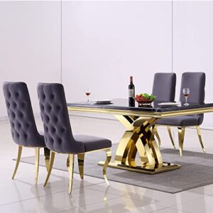 AZhome Dining Room Set, Dining Table Set for 6, Grey Velvet Upholstered Dining Chairs with Gold Stainless Steel Legs, Modern Metal Dining Table in Black Gold