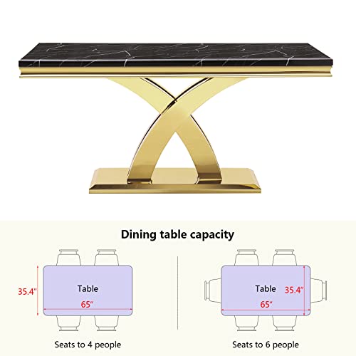 AZhome Dining Room Set, Dining Table Set for 6, Grey Velvet Upholstered Dining Chairs with Gold Stainless Steel Legs, Modern Metal Dining Table in Black Gold