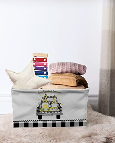 Cube Storage Bins Cloth Towel Organizer Picked Lemons Cartoon Gnome Truck Black and White Plaid Fabric Collapsible Storage Baskets with Handles for Home Office Closet Shelves Toy Nursery 1 Pack