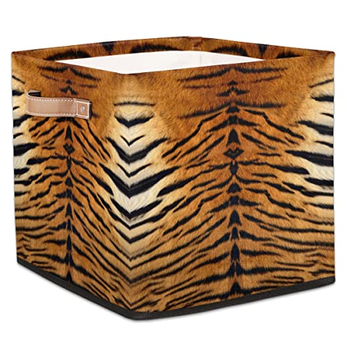 GzLeyigou Large Collapsible Storage Bins,Animal Tiger Leather Leopard Print Decorative Canvas Fabric Storage Boxes Organizer with Handles,Cube Square Baskets Bin for Home Shelves Closet Nursery Gifts