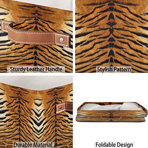 GzLeyigou Large Collapsible Storage Bins,Animal Tiger Leather Leopard Print Decorative Canvas Fabric Storage Boxes Organizer with Handles,Cube Square Baskets Bin for Home Shelves Closet Nursery Gifts