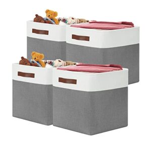 consmos 13 inch storage cubes 4 pack collapsible fabric storage baskets for shelves large cube storage bins with leather handle for closet organizers and storage, nursery, clothes, toys white& gray