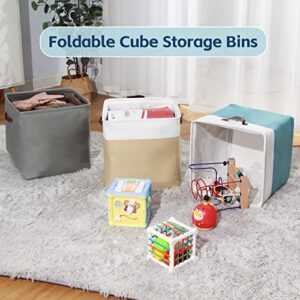 Consmos 13 Inch Storage Cubes 4 Pack Collapsible Fabric Storage Baskets for Shelves Large Cube Storage Bins with Leather Handle for Closet Organizers and Storage, Nursery, Clothes, Toys White& Gray