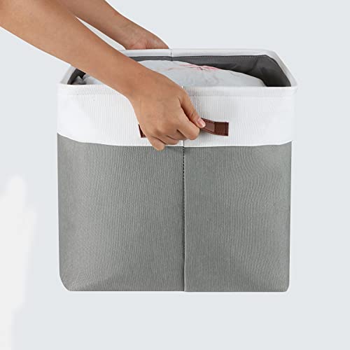 Consmos 13 Inch Storage Cubes 4 Pack Collapsible Fabric Storage Baskets for Shelves Large Cube Storage Bins with Leather Handle for Closet Organizers and Storage, Nursery, Clothes, Toys White& Gray