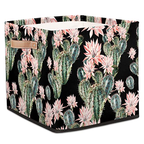 Large Collapsible Storage Bins,Cactus Floral Decorative Canvas Fabric Storage Boxes Organizer with Handles,Cube Square Baskets Bin for Home Shelves Closet Nursery Gifts