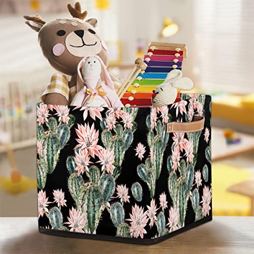 Large Collapsible Storage Bins,Cactus Floral Decorative Canvas Fabric Storage Boxes Organizer with Handles,Cube Square Baskets Bin for Home Shelves Closet Nursery Gifts