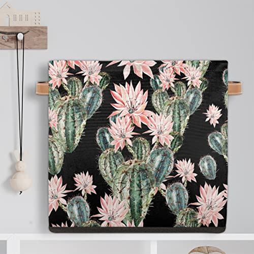 Large Collapsible Storage Bins,Cactus Floral Decorative Canvas Fabric Storage Boxes Organizer with Handles,Cube Square Baskets Bin for Home Shelves Closet Nursery Gifts