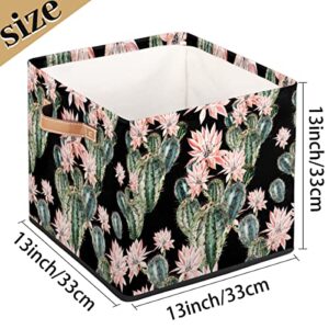 Large Collapsible Storage Bins,Cactus Floral Decorative Canvas Fabric Storage Boxes Organizer with Handles,Cube Square Baskets Bin for Home Shelves Closet Nursery Gifts