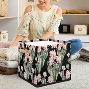 Large Collapsible Storage Bins,Cactus Floral Decorative Canvas Fabric Storage Boxes Organizer with Handles,Cube Square Baskets Bin for Home Shelves Closet Nursery Gifts