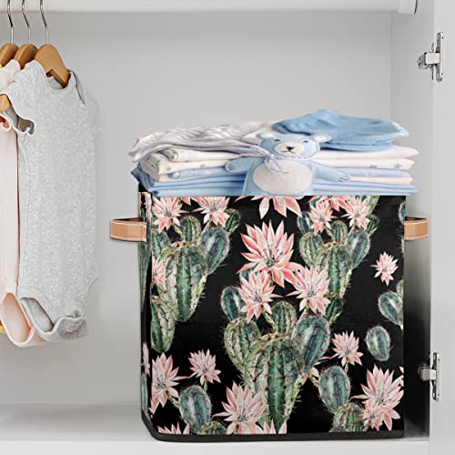 Large Collapsible Storage Bins,Cactus Floral Decorative Canvas Fabric Storage Boxes Organizer with Handles,Cube Square Baskets Bin for Home Shelves Closet Nursery Gifts