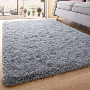 qxkaka soft grey rugs for bedroom living room carpet, 4x6 gray rug small fluffy shag area rug, non-slip plush fuzzy kids rug for nursery, washable furry throw rugs for girls boys room dorm home decor