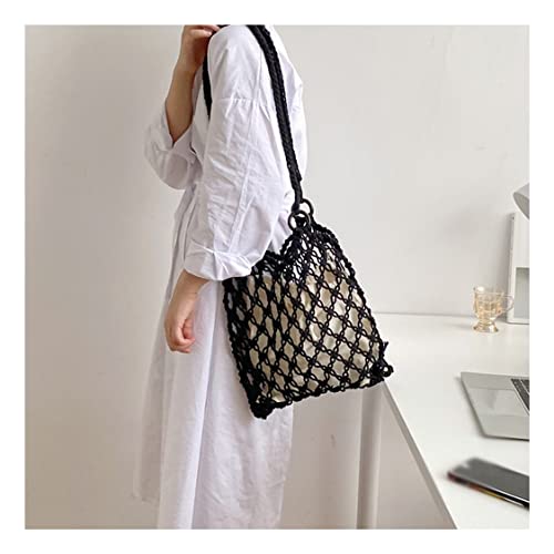 TKFDC Women Handbags Ladies Net Hollow Tote Bag Korean Female Woven Shoulder Bag Beach (Color : Black, Size : 32 * 28cm)