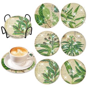 6 pcs leaves diamond art painting coasters kits with holder diy green leave diamond art coaster non slip coaster for adults diamond painting kits supplies