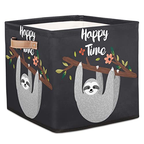 Large Collapsible Storage Bins,Flower Lazy Sloth Decorative Canvas Fabric Storage Boxes Organizer with Handles,Cube Square Baskets Bin for Home Shelves Closet Nursery Gifts