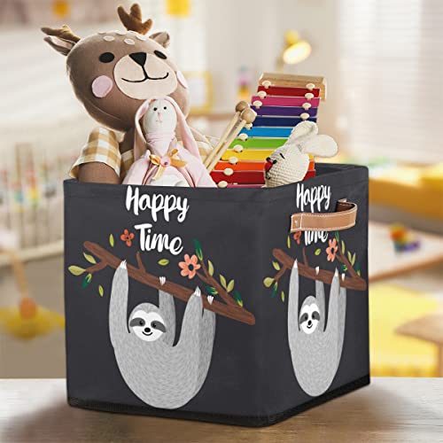 Large Collapsible Storage Bins,Flower Lazy Sloth Decorative Canvas Fabric Storage Boxes Organizer with Handles,Cube Square Baskets Bin for Home Shelves Closet Nursery Gifts