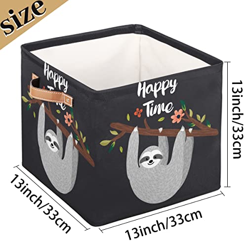 Large Collapsible Storage Bins,Flower Lazy Sloth Decorative Canvas Fabric Storage Boxes Organizer with Handles,Cube Square Baskets Bin for Home Shelves Closet Nursery Gifts