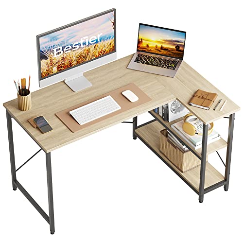 Bestier Small L Shaped Desk 47 Inch Computer Corner Desk with Storage Shelf Reversible Home Office Writing Study Table for Bedroom Small Space, Light Oak