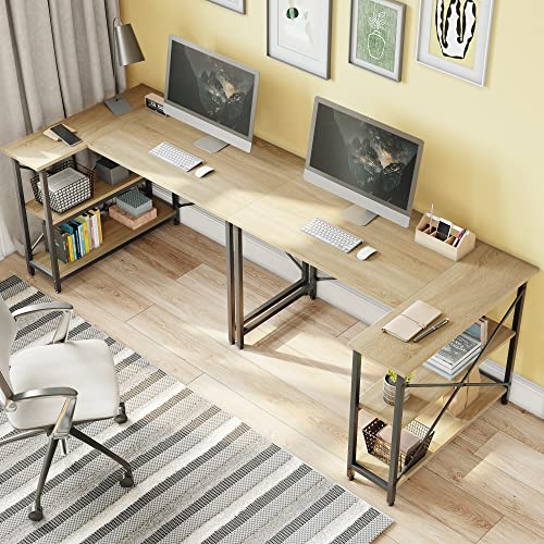 Bestier Small L Shaped Desk 47 Inch Computer Corner Desk with Storage Shelf Reversible Home Office Writing Study Table for Bedroom Small Space, Light Oak