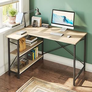 Bestier Small L Shaped Desk 47 Inch Computer Corner Desk with Storage Shelf Reversible Home Office Writing Study Table for Bedroom Small Space, Light Oak