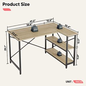 Bestier Small L Shaped Desk 47 Inch Computer Corner Desk with Storage Shelf Reversible Home Office Writing Study Table for Bedroom Small Space, Light Oak