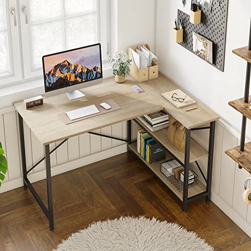 Bestier Small L Shaped Desk 47 Inch Computer Corner Desk with Storage Shelf Reversible Home Office Writing Study Table for Bedroom Small Space, Light Oak