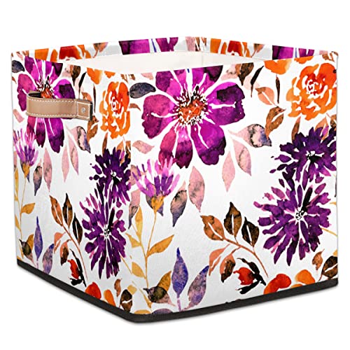 Large Collapsible Storage Bins,Flower Leaves Decorative Canvas Fabric Storage Boxes Organizer with Handles,Cube Square Baskets Bin for Home Shelves Closet Nursery Gifts