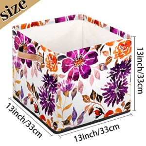 Large Collapsible Storage Bins,Flower Leaves Decorative Canvas Fabric Storage Boxes Organizer with Handles,Cube Square Baskets Bin for Home Shelves Closet Nursery Gifts