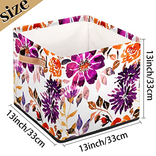 Large Collapsible Storage Bins,Flower Leaves Decorative Canvas Fabric Storage Boxes Organizer with Handles,Cube Square Baskets Bin for Home Shelves Closet Nursery Gifts