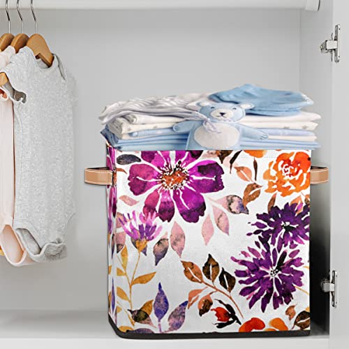 Large Collapsible Storage Bins,Flower Leaves Decorative Canvas Fabric Storage Boxes Organizer with Handles,Cube Square Baskets Bin for Home Shelves Closet Nursery Gifts