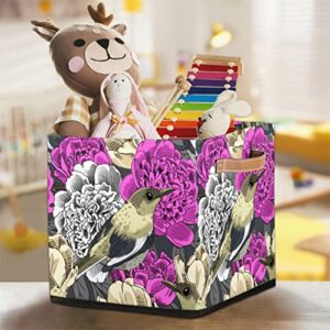 Large Collapsible Storage Bins,Bird Peony Flower Decorative Canvas Fabric Storage Boxes Organizer with Handles,Cube Square Baskets Bin for Home Shelves Closet Nursery Gifts